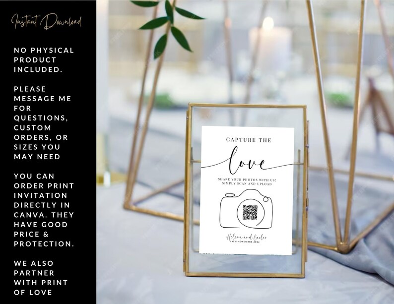 Customizable Wedding Photo Sharing Sign, Capture the Love QR Code ...
