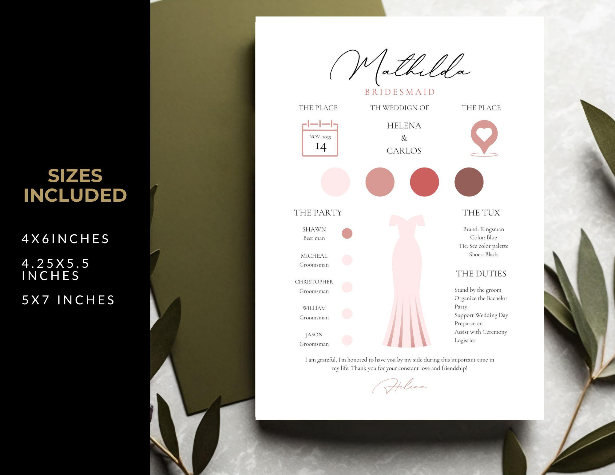 Bridal Party Info Card, Bridesmaid Info Card Template, Groomsmen Info ...