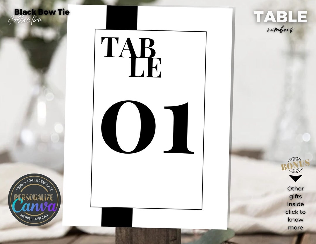 Bold Black and White Wedding Table Numbers Sign, Elegant Portrait ...