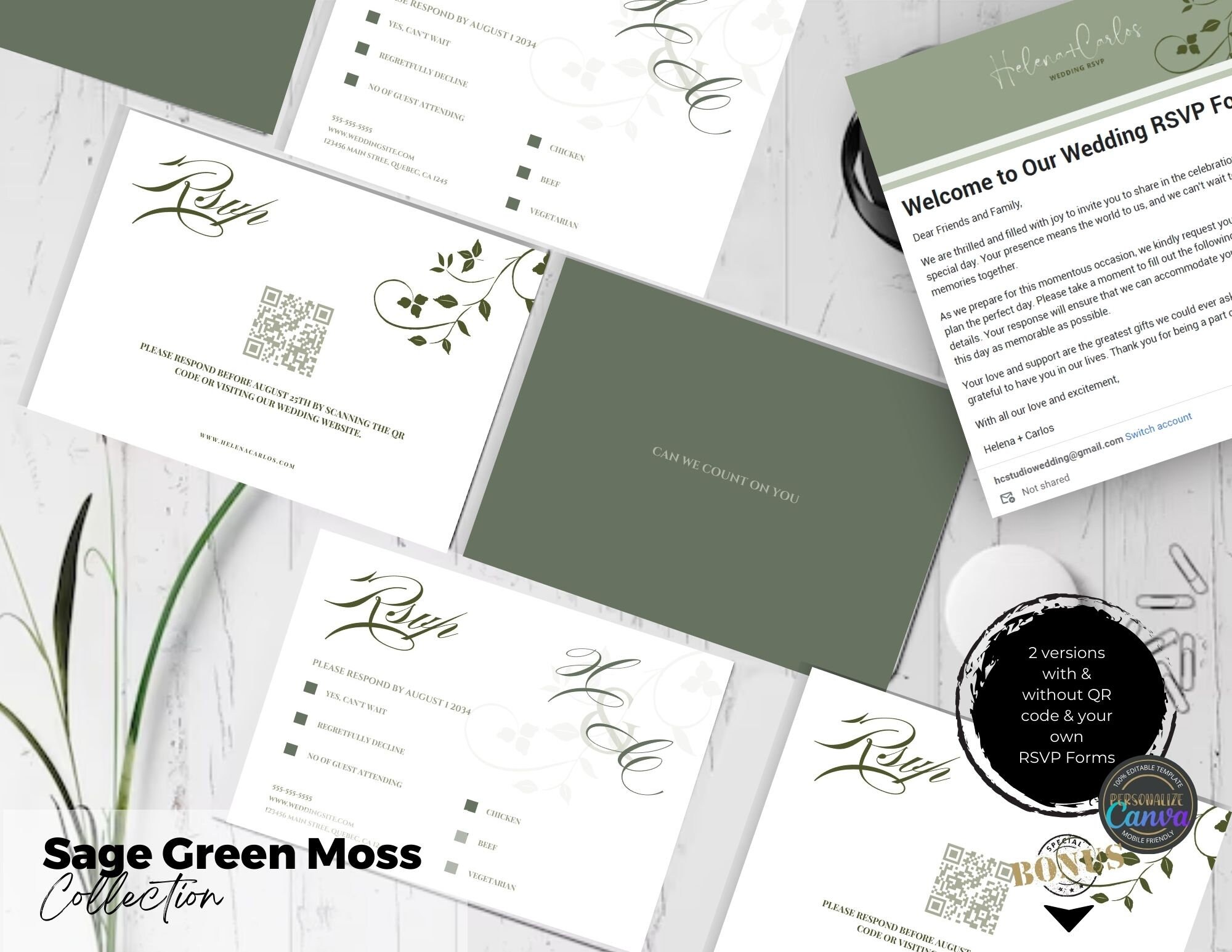 Sage Green Moss RSVP Templates, QR Code & Traditional, Google Form and ...