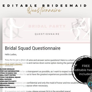 Customizable Bridesmaid Questionnaire, Bridal Party 100+ Questions ...