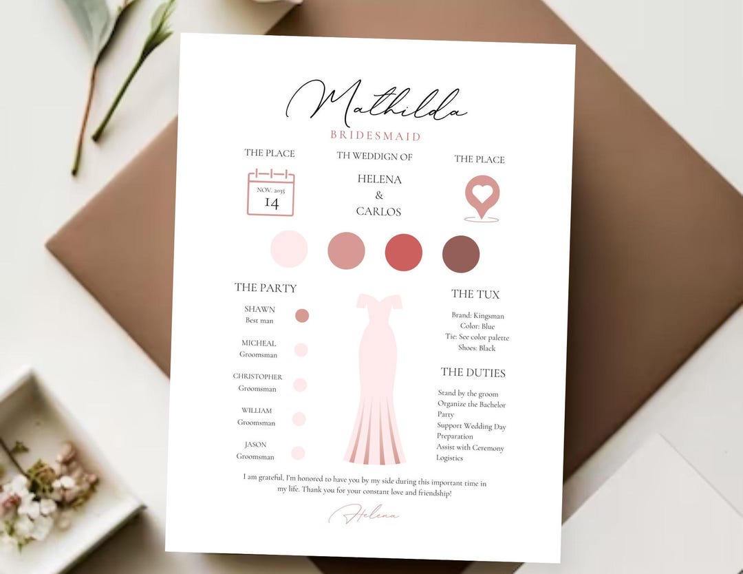 Bridal Party Info Card, Bridesmaid Info Card Template, Groomsmen Info ...