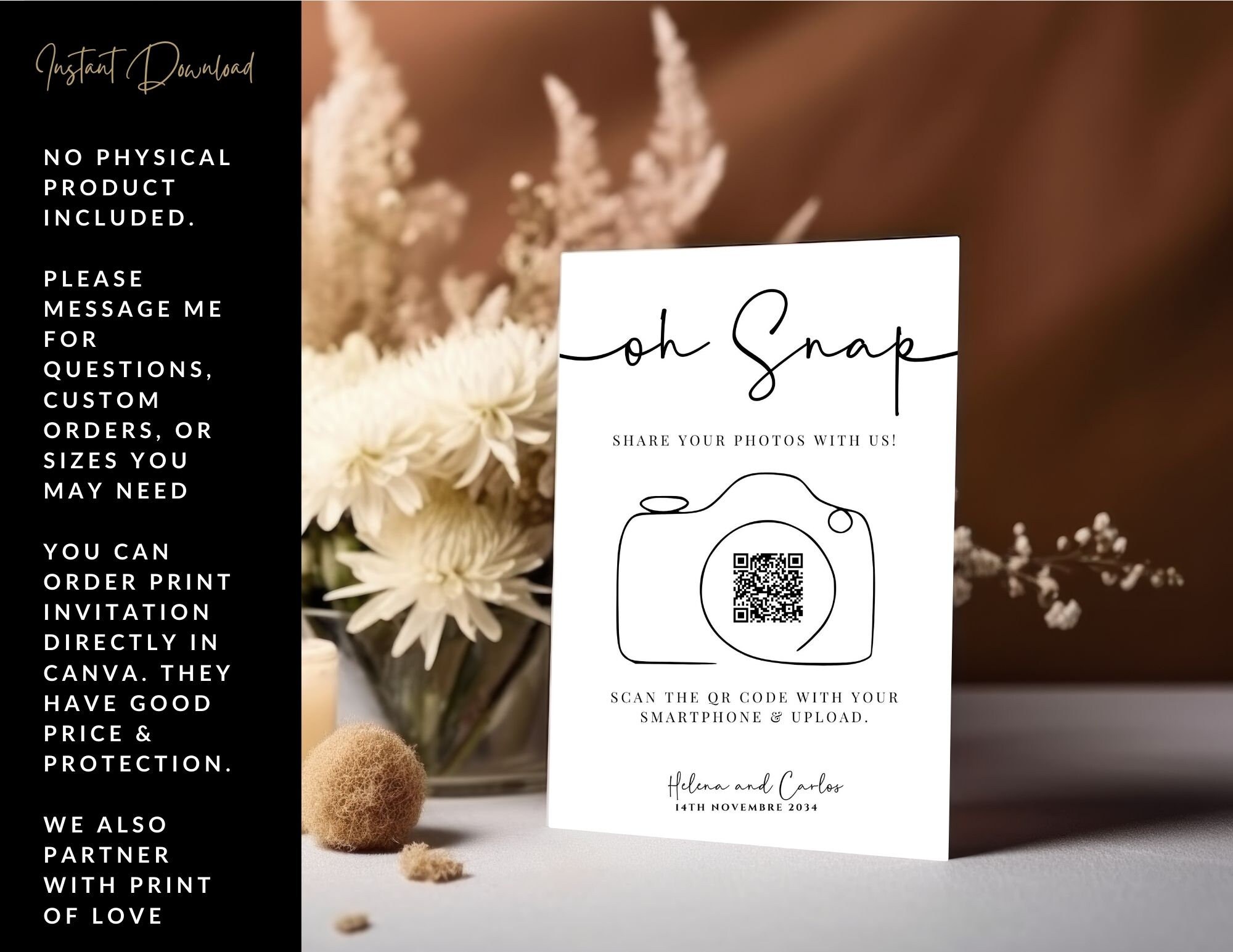 Customizable Wedding Photo Sharing Sign, Oh Snap QR Code, Digital ...