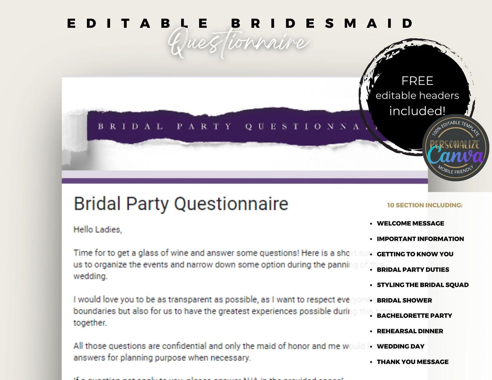 Customizable Bridesmaid Questionnaire, Bridal Party 100+ Questions ...