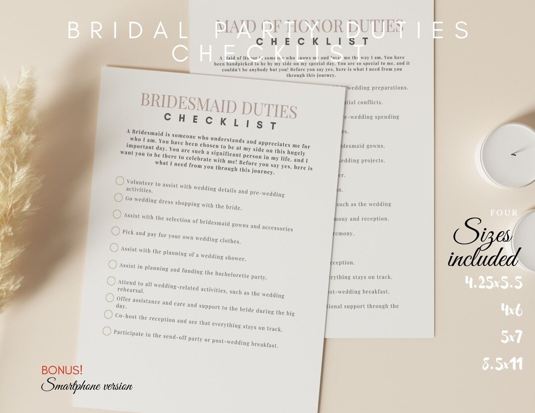 Bridesmaid Duties Checklist, Maid of Honor Responsabilities, Minimalist ...