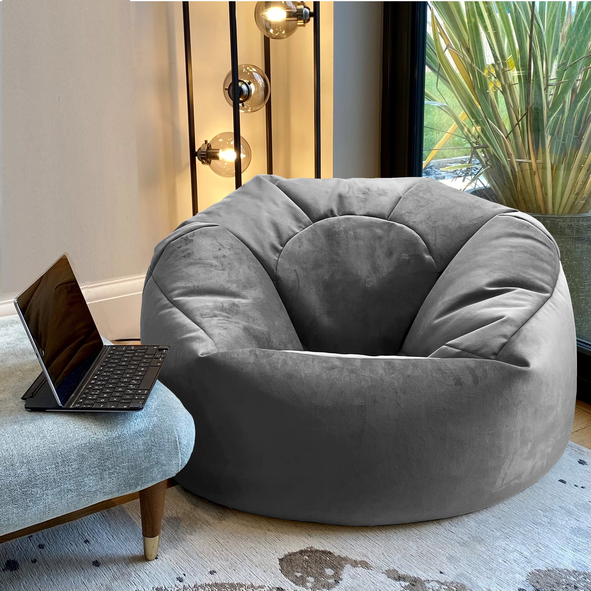 Grey velvet bean bag chair store