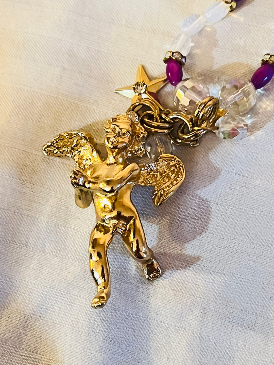 Kirks Folly High End Designer Necklace Crystal Gold Tone Bold Cherub ...