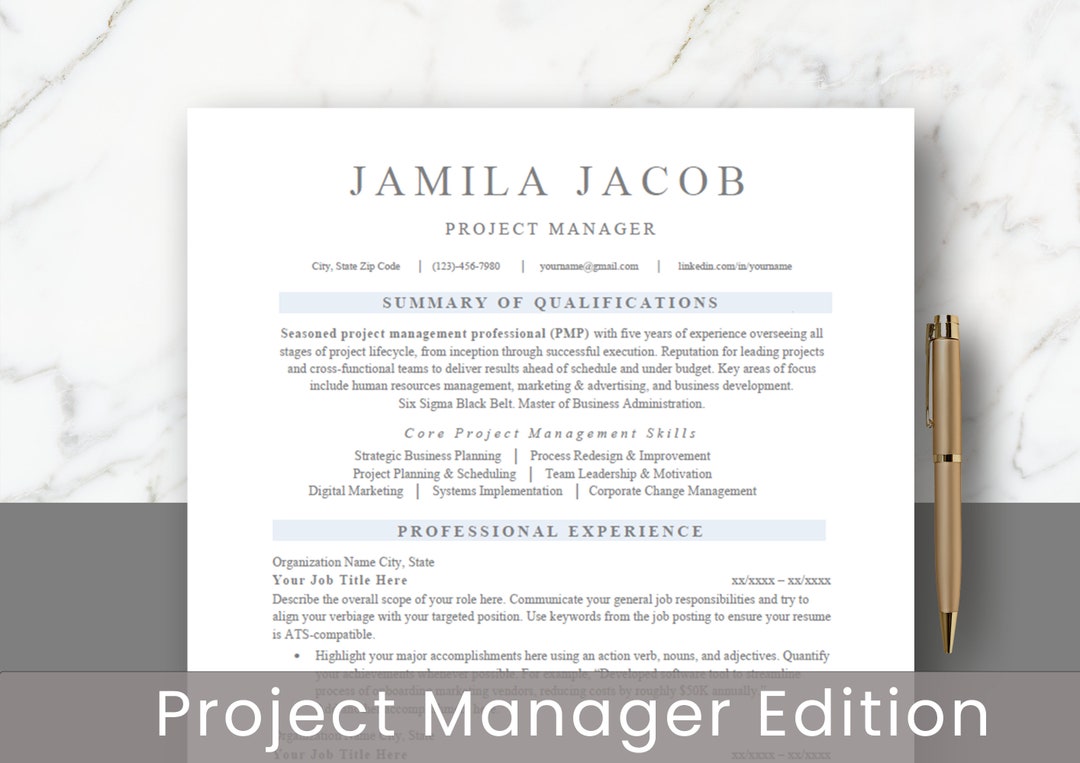 Project Manager Resume - ATS Resume - Word Resume - Resume Template ...