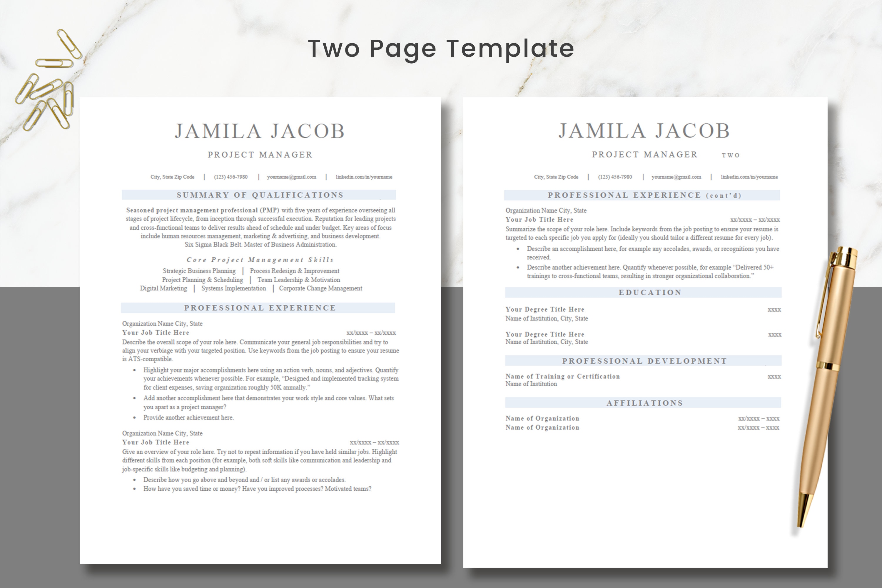 Project Manager Resume - ATS Resume - Word Resume - Resume Template ...
