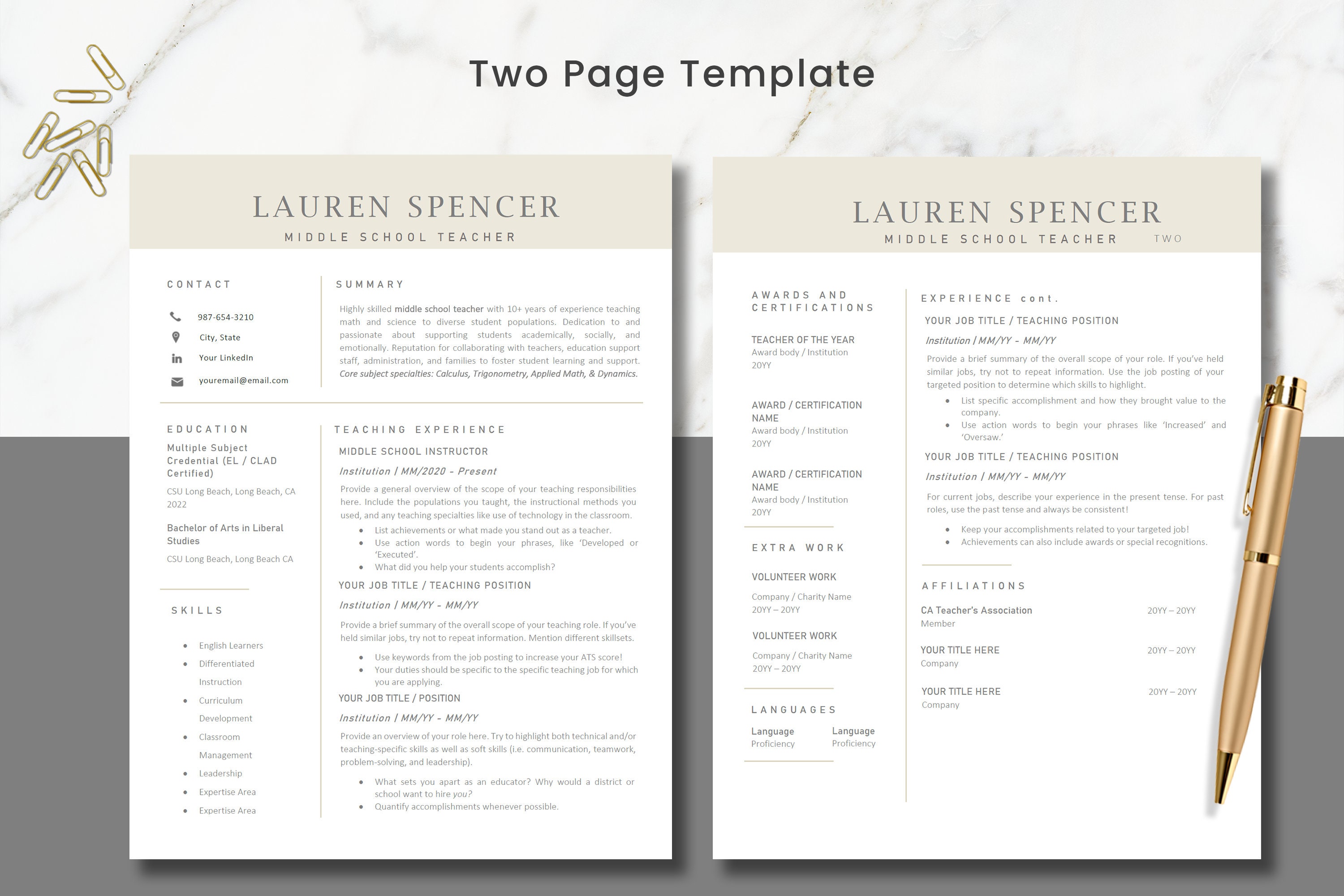 Teacher Resume Template for Word, Pages - Teacher Resume - Teacher ...