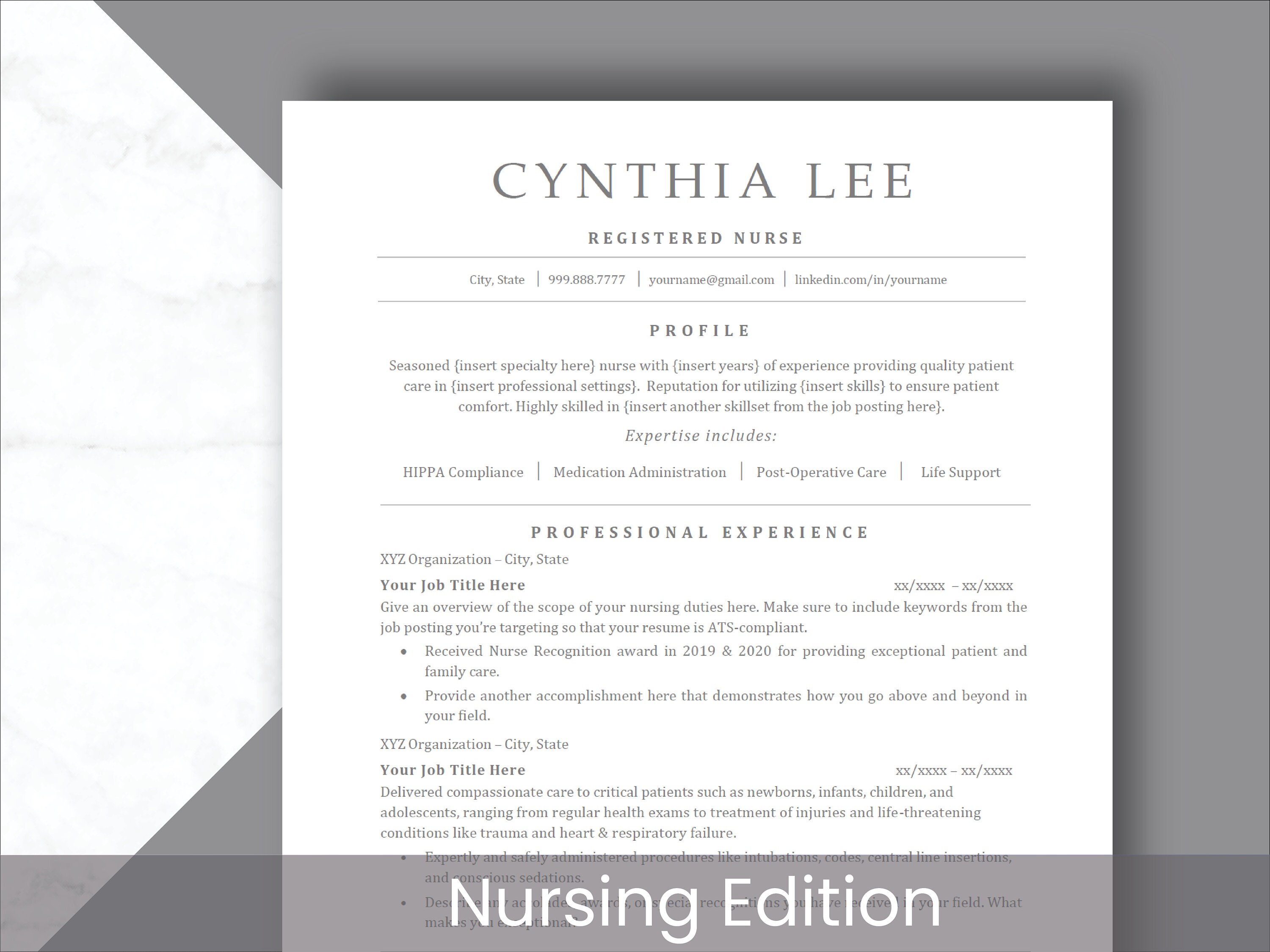 Nurse Resume Template for Word - Nurse Resume - Nurse Resume Template ...