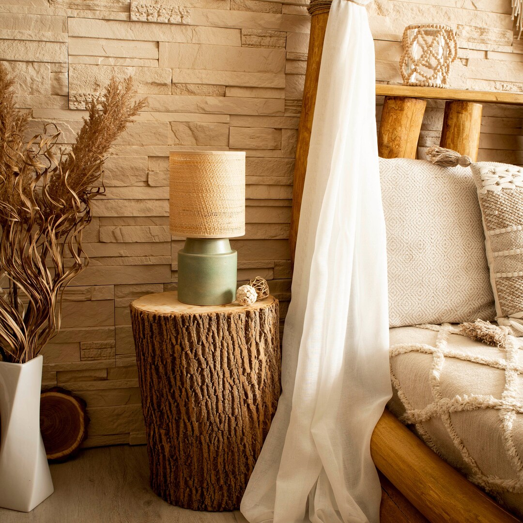 Round Green-rust Matte Stoneware Ceramic Bedside Table Lamp With Raffia ...