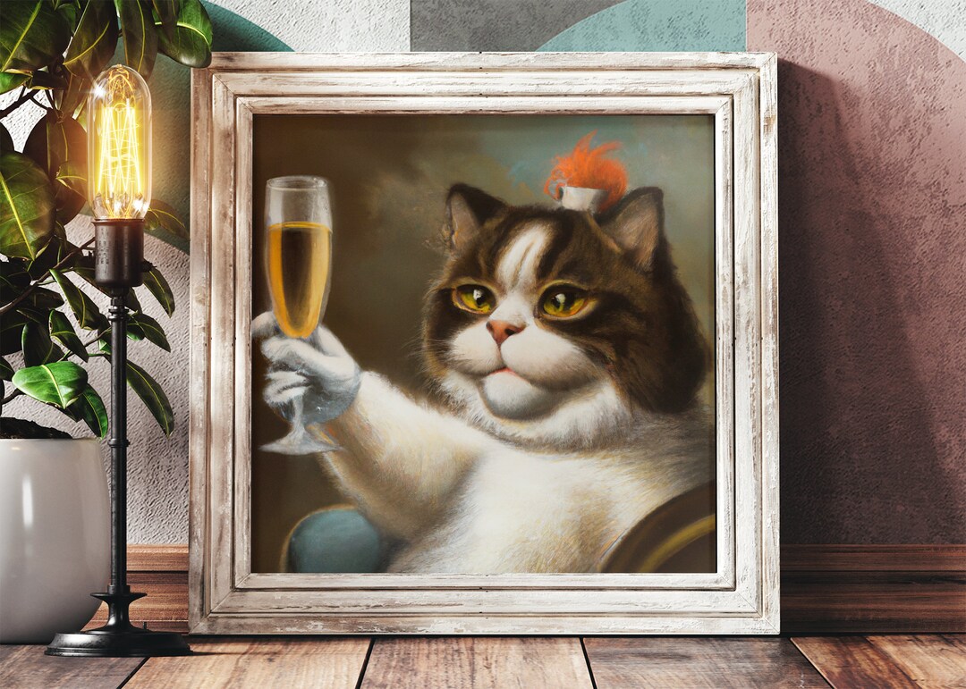 Cat Drinking Prosecco Print: Fun Surreal Cat Wall Art (digital Download ...