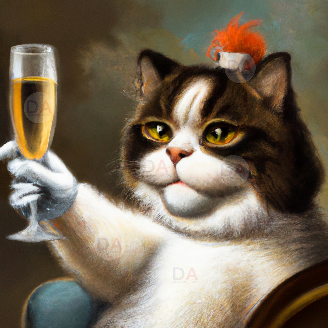 Cat Drinking Wine Print Fun Cat Wall Art Feline (Download Now) - Etsy