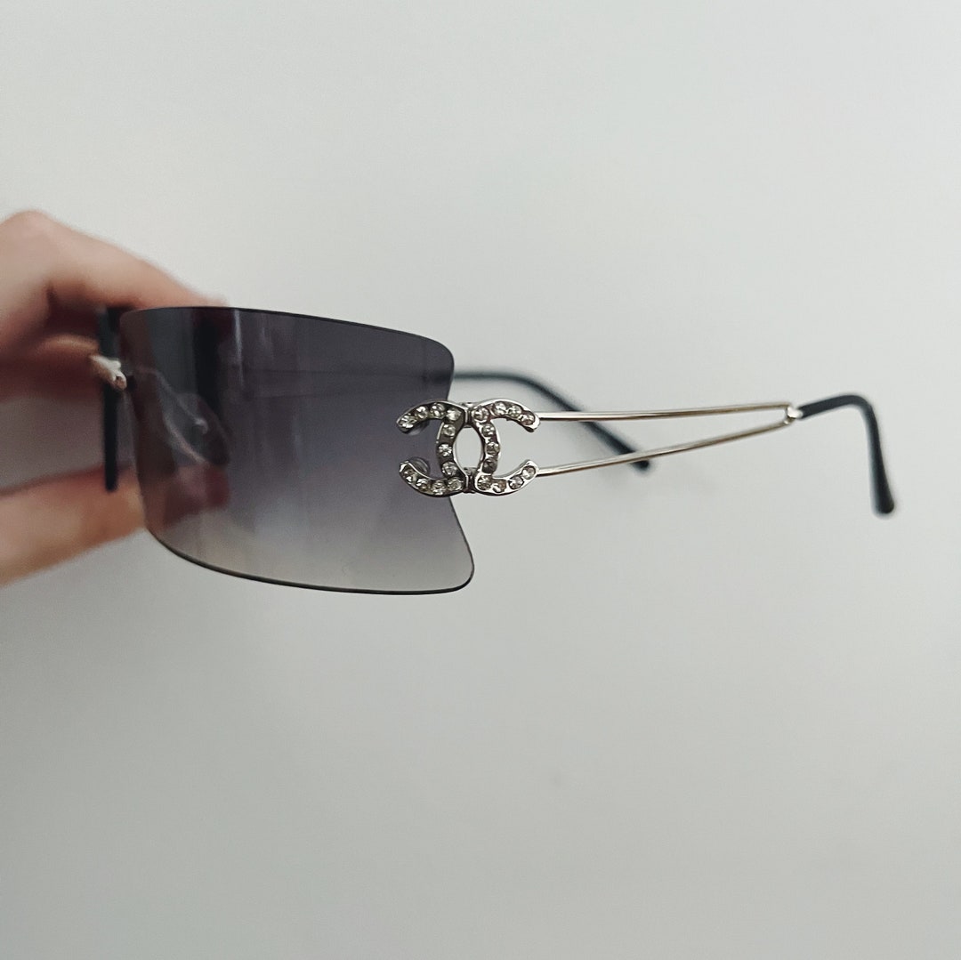 Vintage Chanel Silver Rectangular Rimless Sunglasses With Tinted Lenses ...