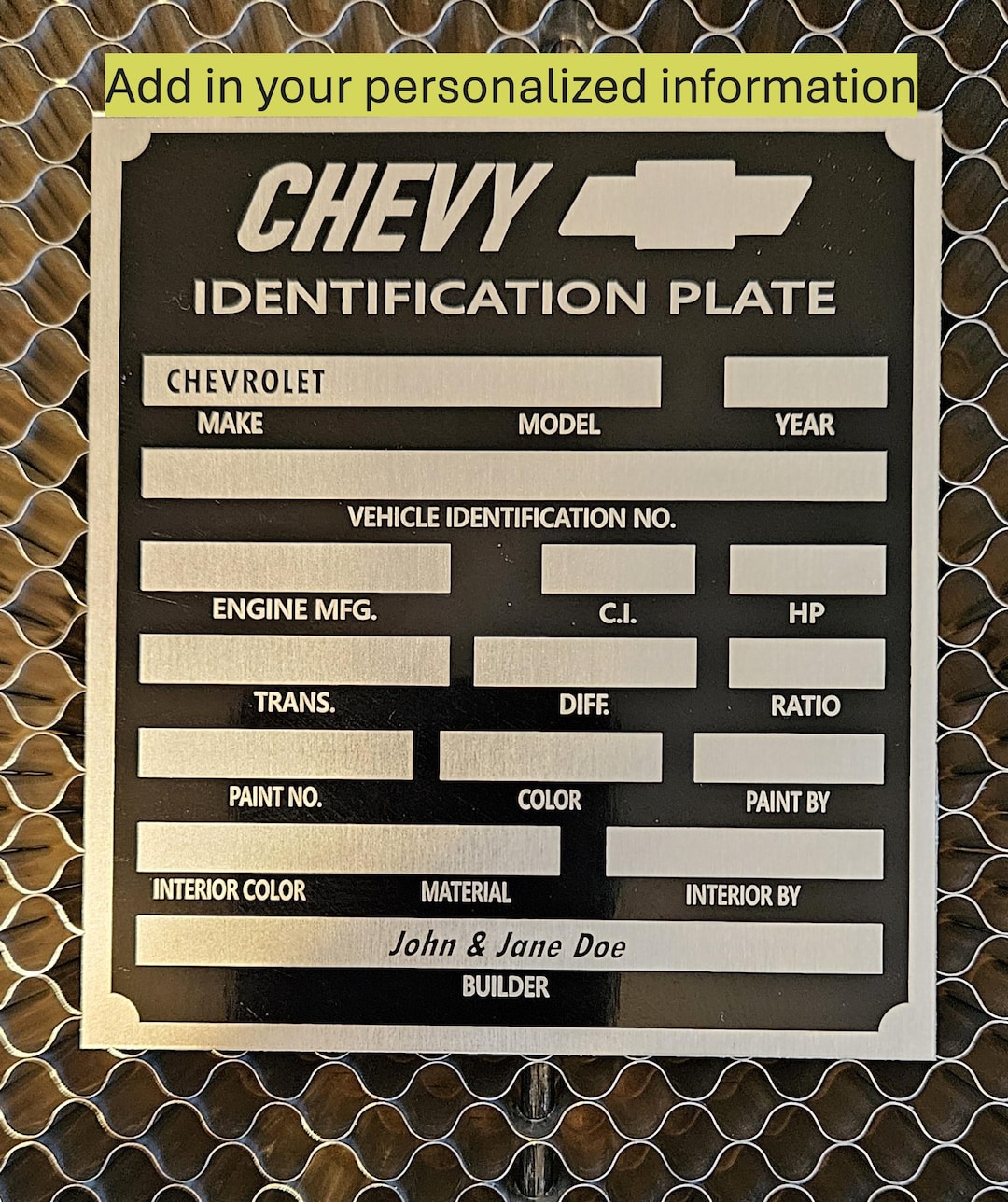 Custom Laser Etched Chevy Aluminum Identification Plate, VIN# Plate ...
