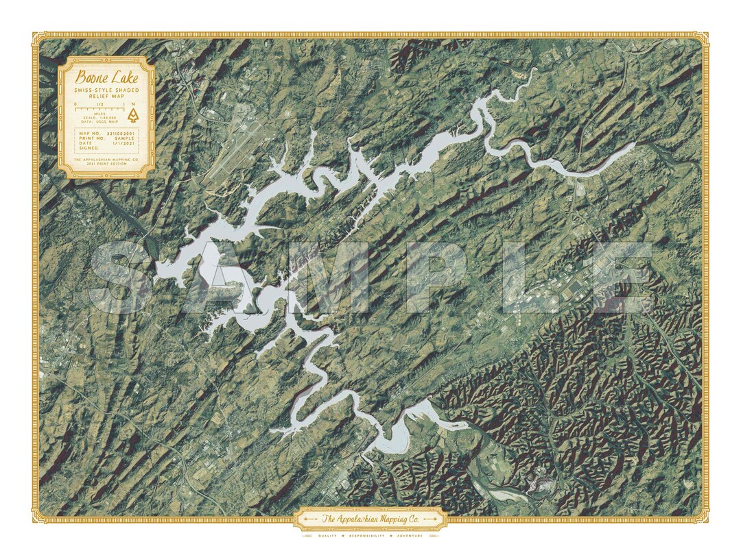 Boone Lake Swiss-style Shaded Relief Map - Etsy