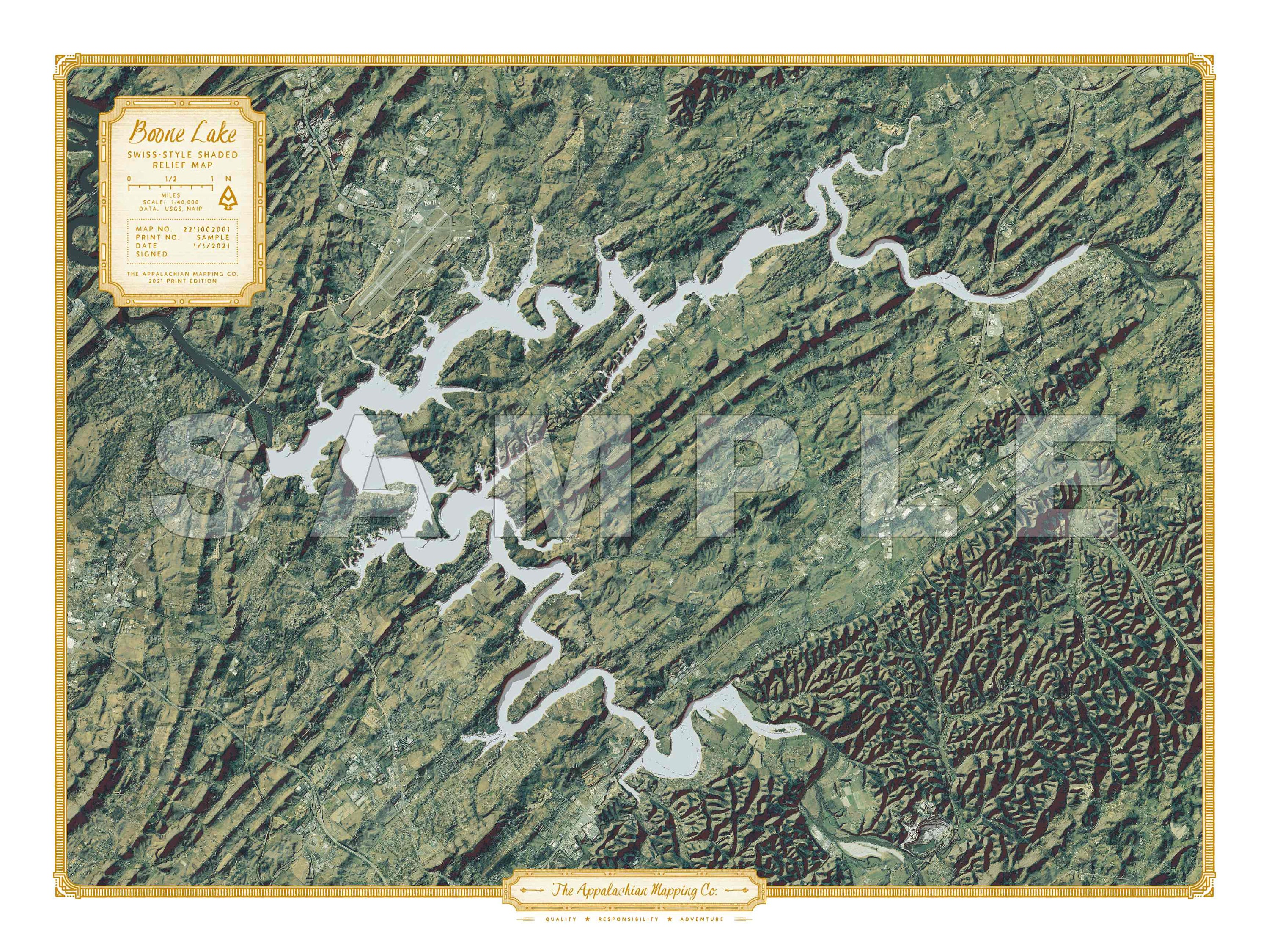 Boone Lake Swiss-style Shaded Relief Map - Etsy