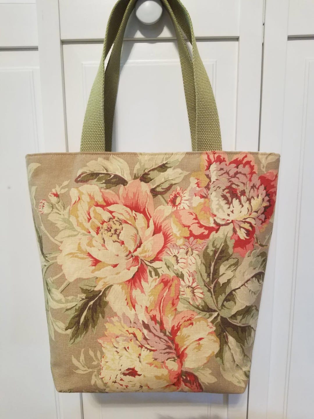 Coral Rose Bouquet Fabric Handbag: Handmade Floral Tote Bag - Etsy
