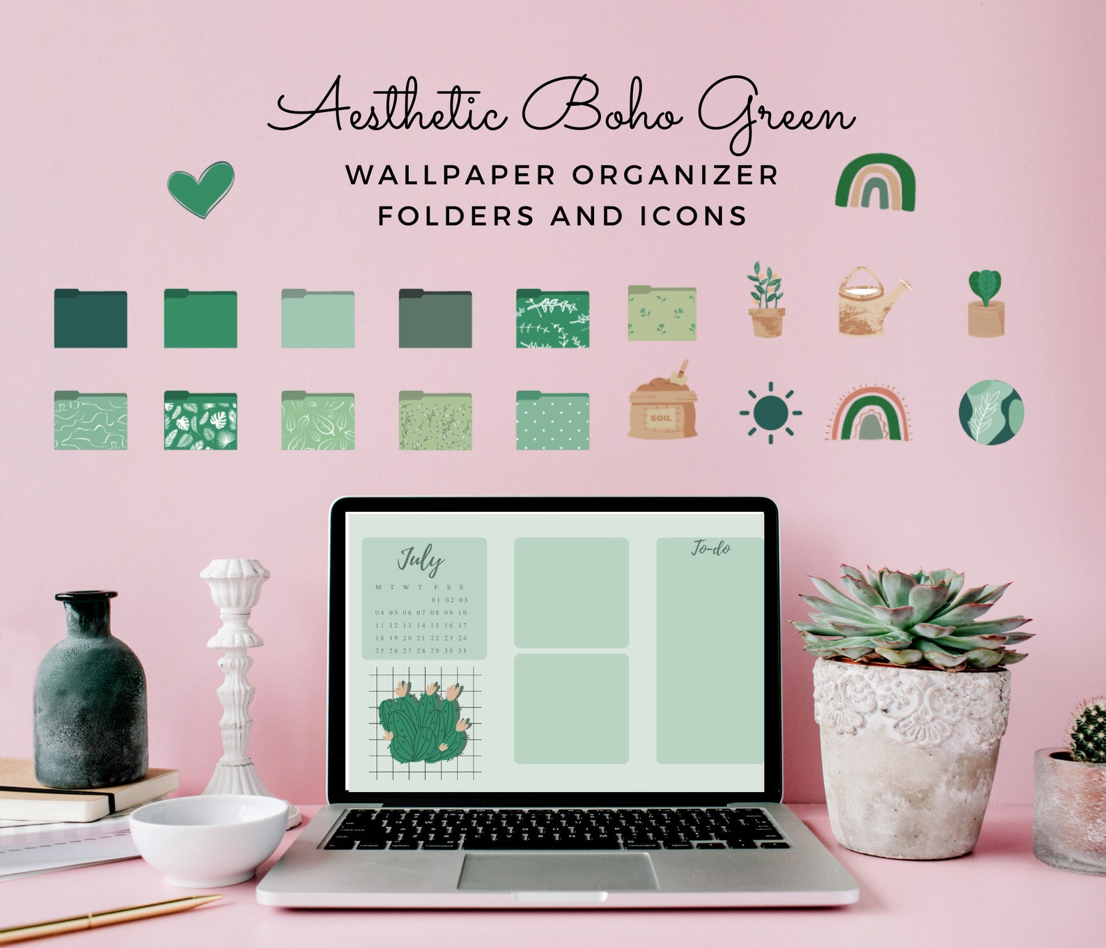 Boho Plants Desktop Wallpaper Organizer With Calendar - Etsy