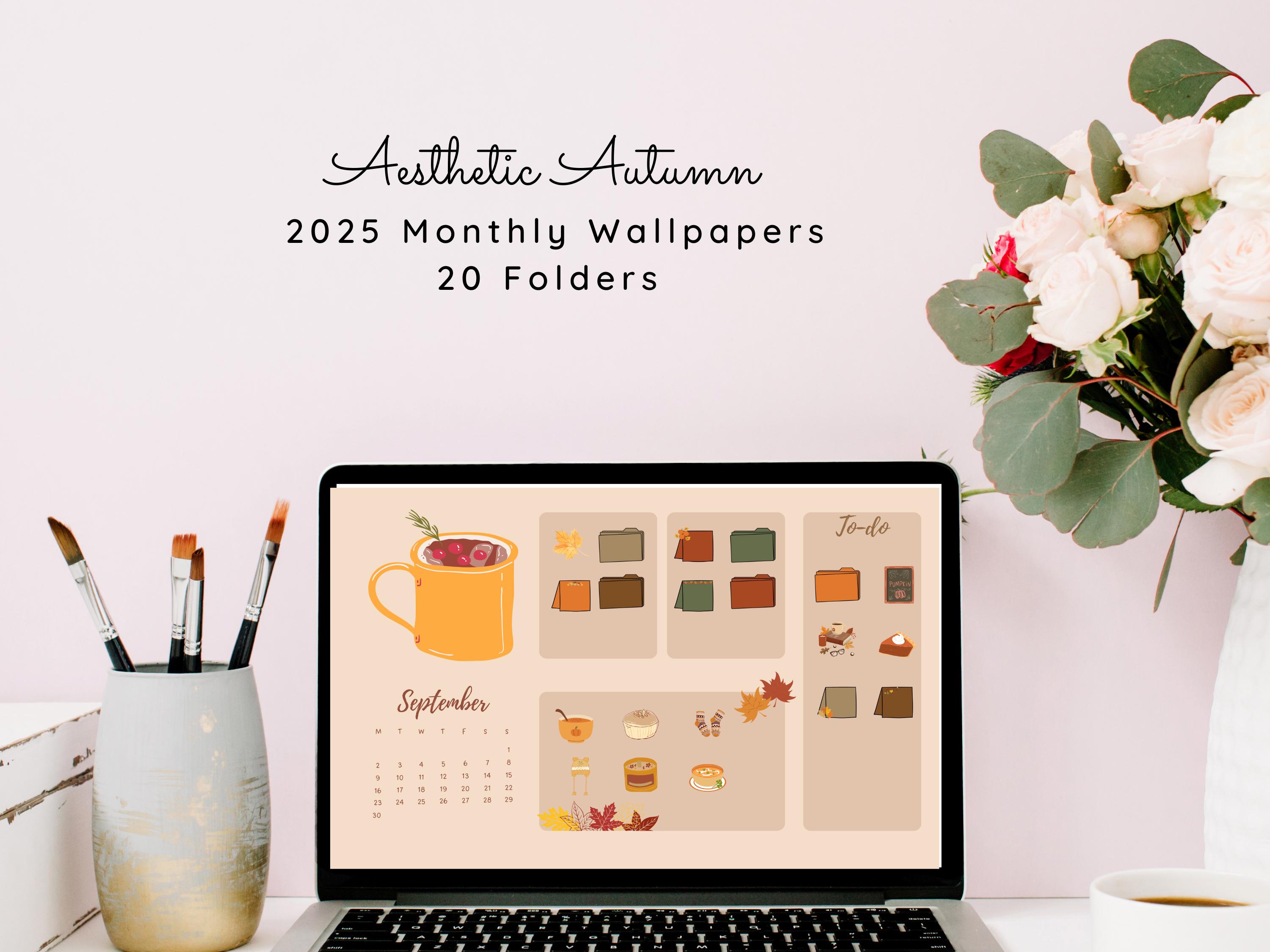 Aesthetic Autumn Fall Desktop Wallpaper Organizer With 2025 Calendar ...