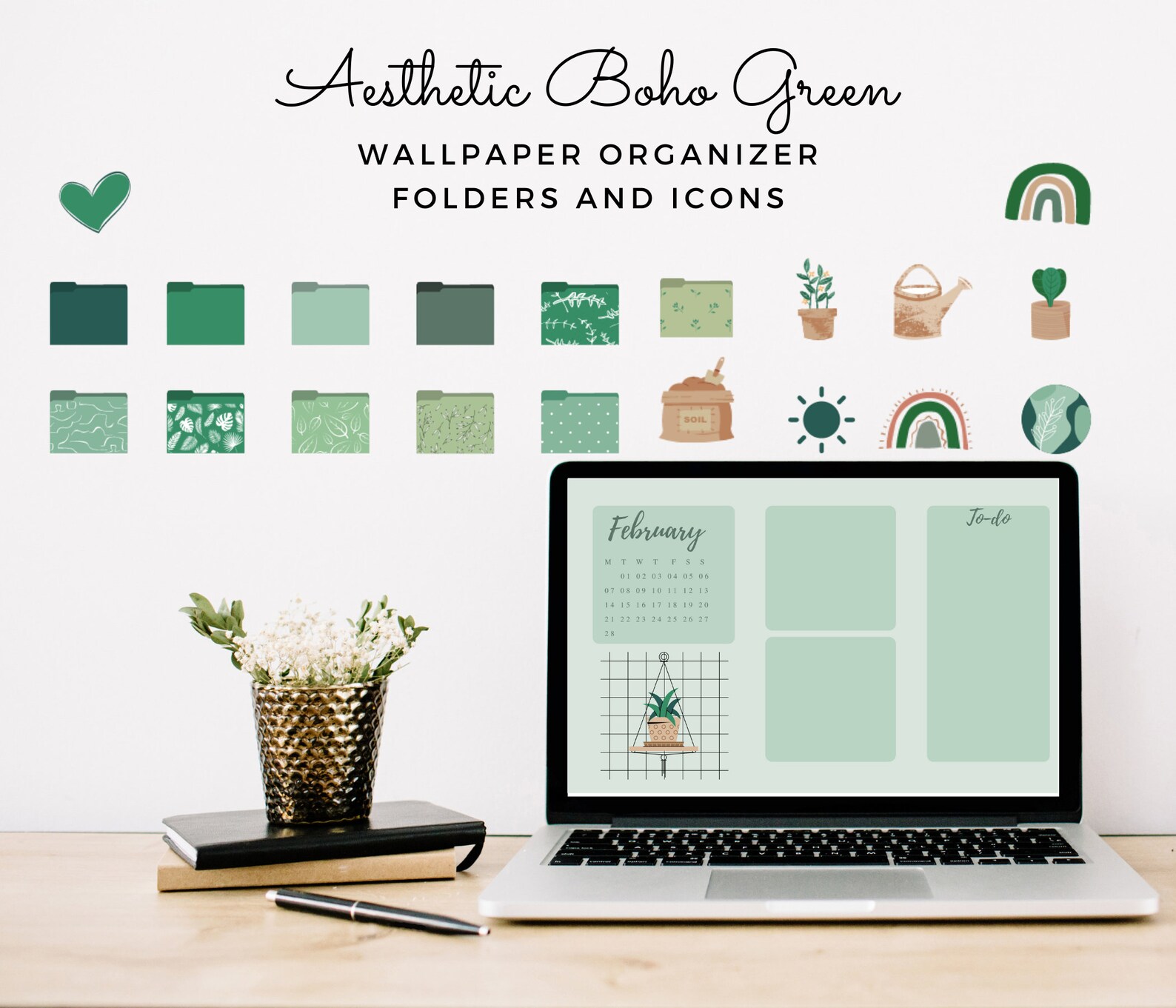 Boho Plants Desktop Wallpaper Organizer With Calendar - Etsy