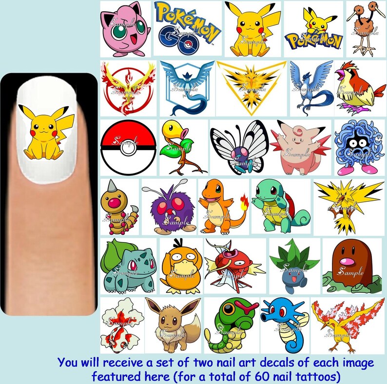 60x POKEMON Nail Art Decals Free Gems Go Pikachu Pokeball | Etsy