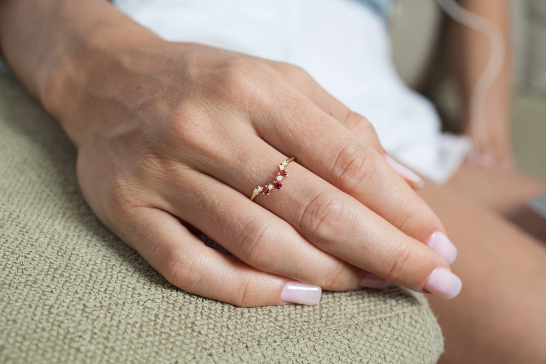 Ruby and Diamond Chevron Wedding Band, 14K Gold Ruby Ring, Genuine ...