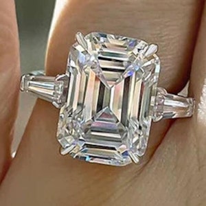 Three Stone Emerald Cut Moissanite Engagement Ring Side Tapper Baguette ...