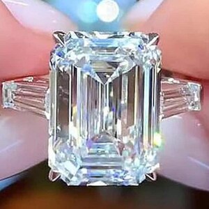 Three Stone Emerald Cut Moissanite Engagement Ring Side Tapper Baguette ...