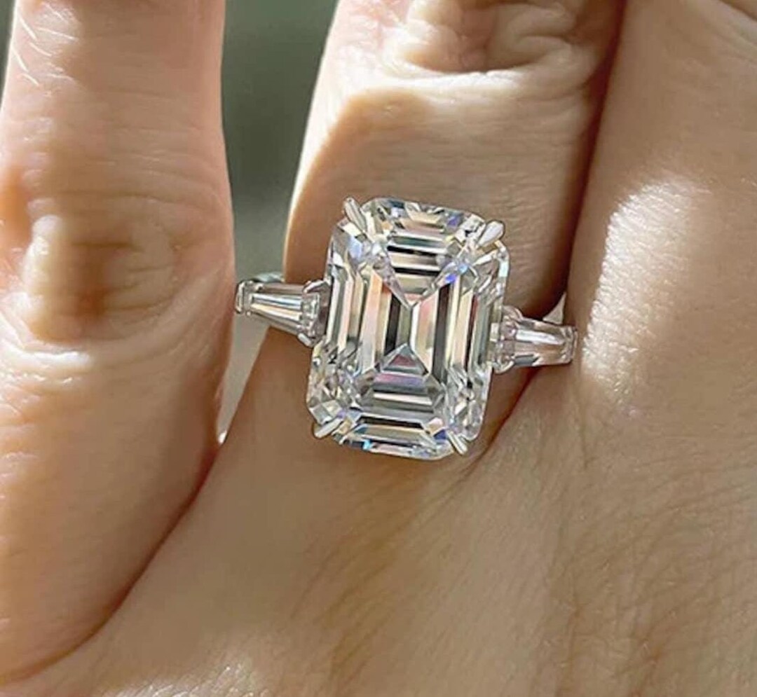 Three Stone Emerald Cut Moissanite Engagement Ring Side Tapper Baguette ...