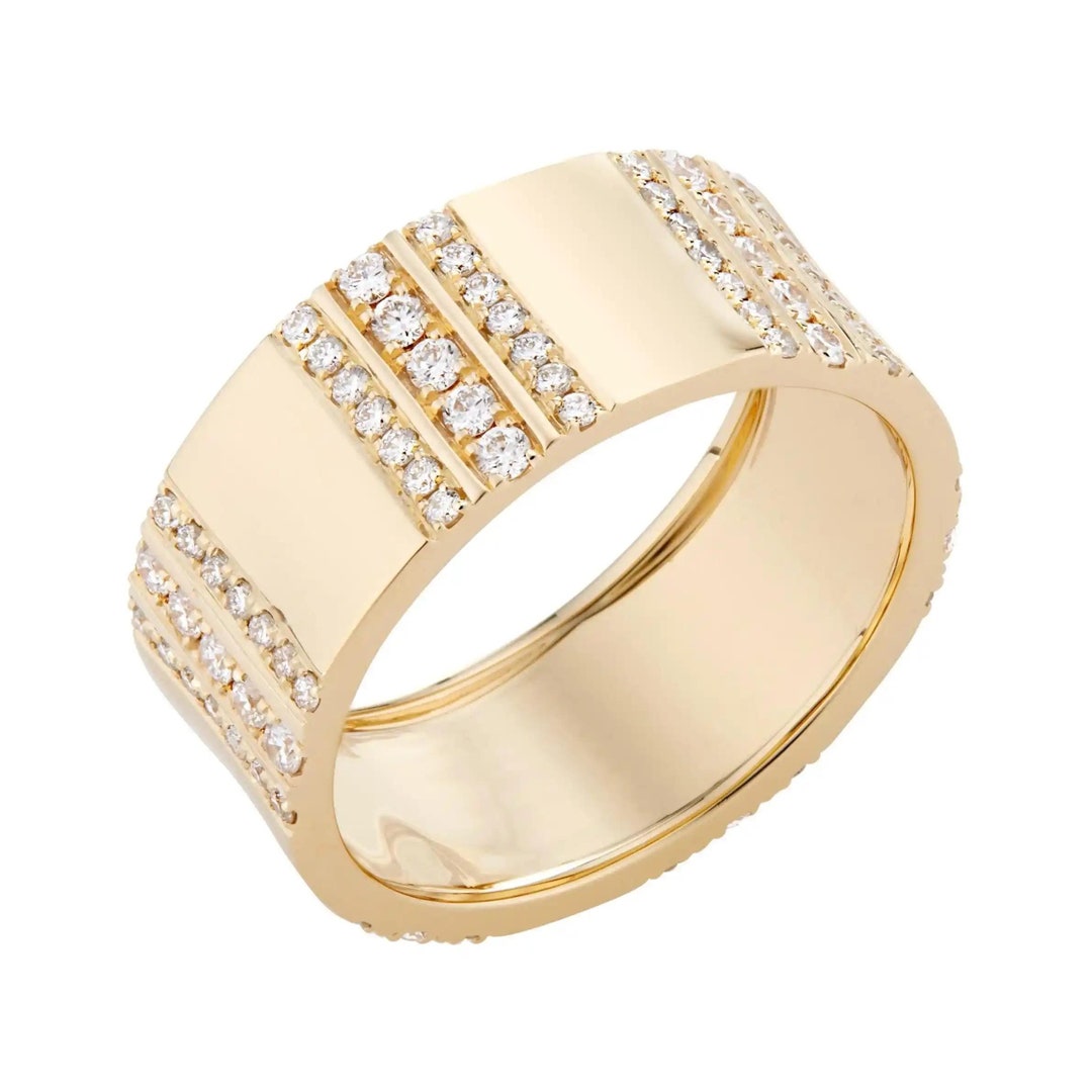 14k Diamond Cigar Band, Ribbed Texture, Fluted Design, Pave Diamond ...