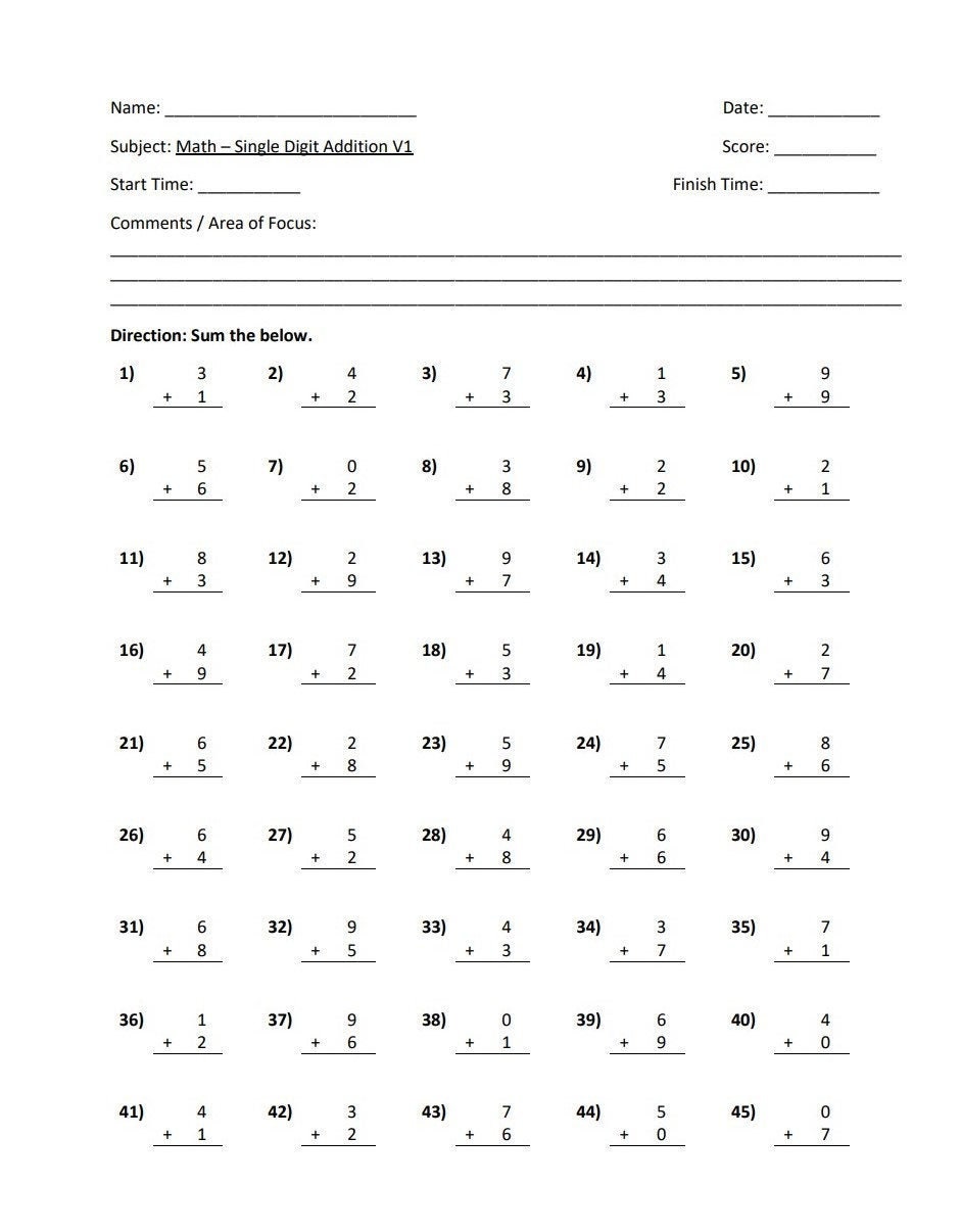 100 Problem Single Digit Addition Worksheet | Etsy