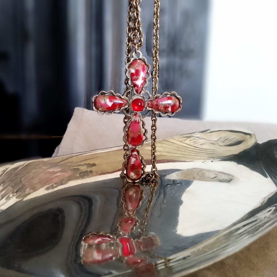Vintage Pate De Verre Crucifix: Fused Glass Cross Pendant With Gold ...