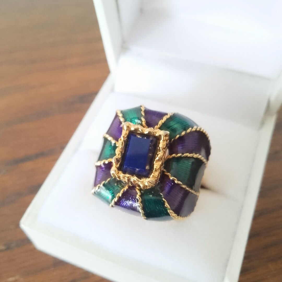 D'orlan - Authentic Vintage Flat Crystal and Enamel Gold Plated Cocktail Ring in Baroque Style ...