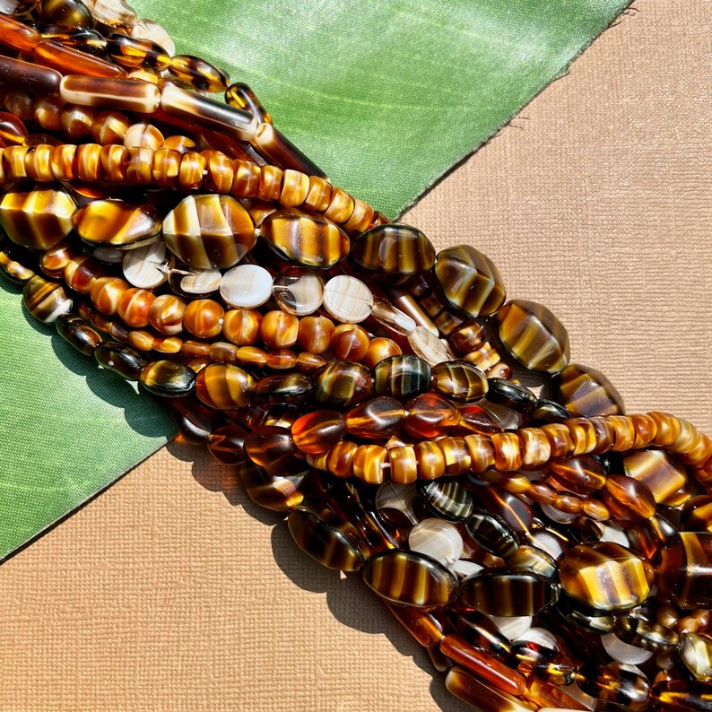 Vintage Translucent Brown Striped Oval & Organic Shape Glass Beads - 50 ...
