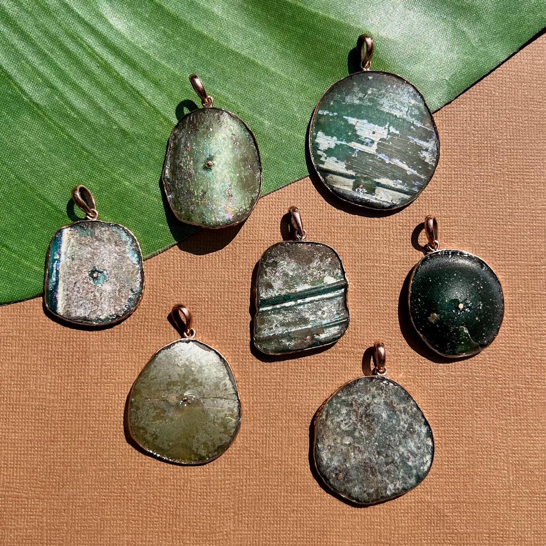 Roman Glass Extra Large Round Pendants Set in Copper, Silk Road ...