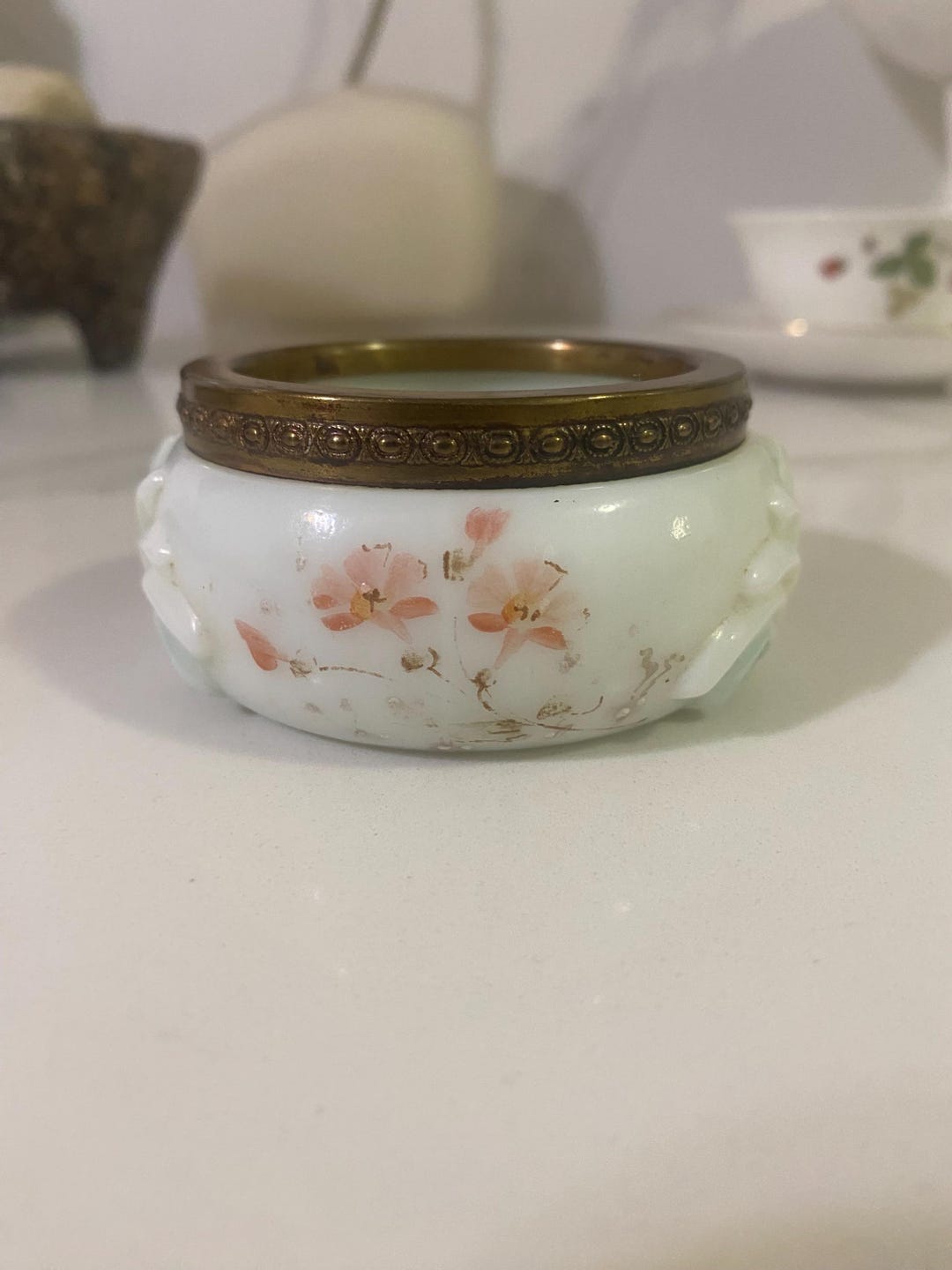 Antique Wavecrest Pin Dish Trinket Jar Glass Ceramic Hand Painted Brass ...