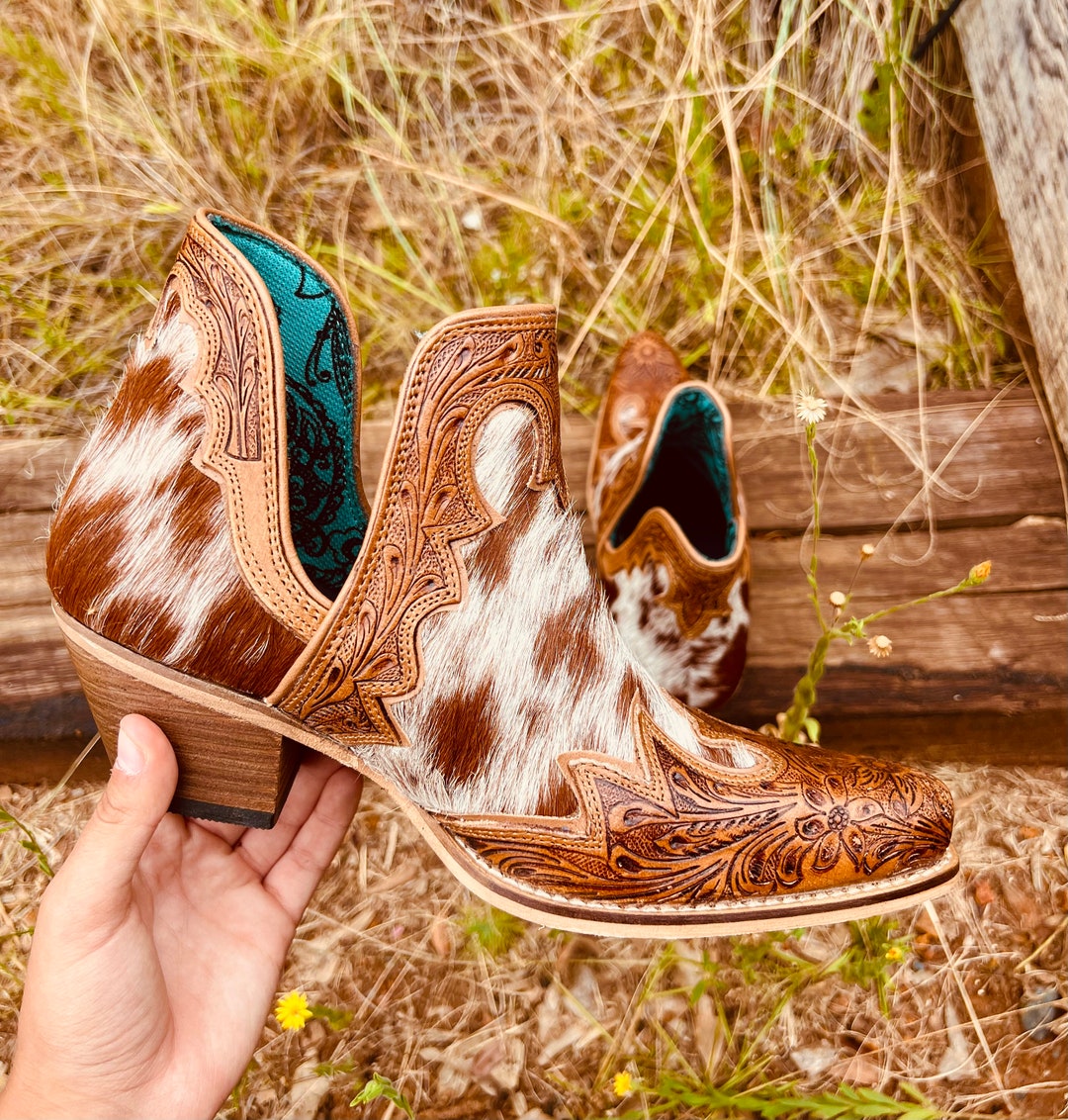 Brown Cowhide Tooled Leather Boots - Etsy