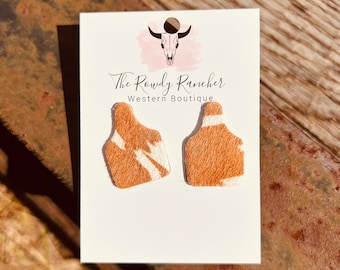 Genuine Leather Cowhide Cattle Tag Stud Earrings, Hair on Hide Ear Tag ...