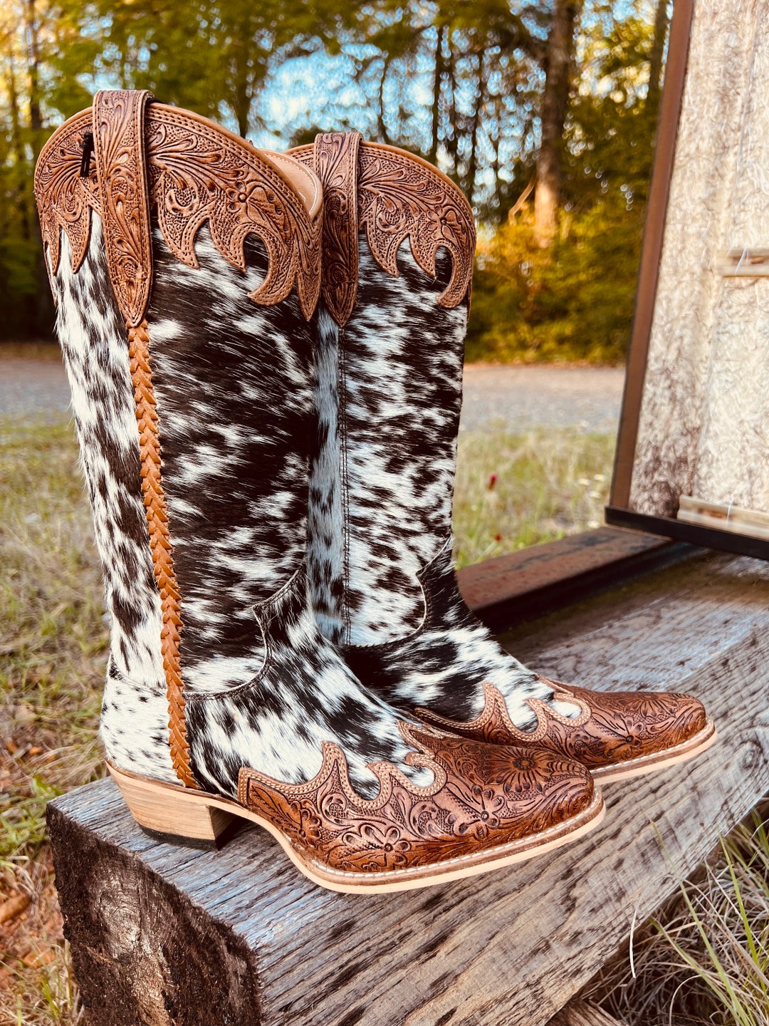 Cowhide & Tooled Leather Tall Cowboy Boots - Etsy