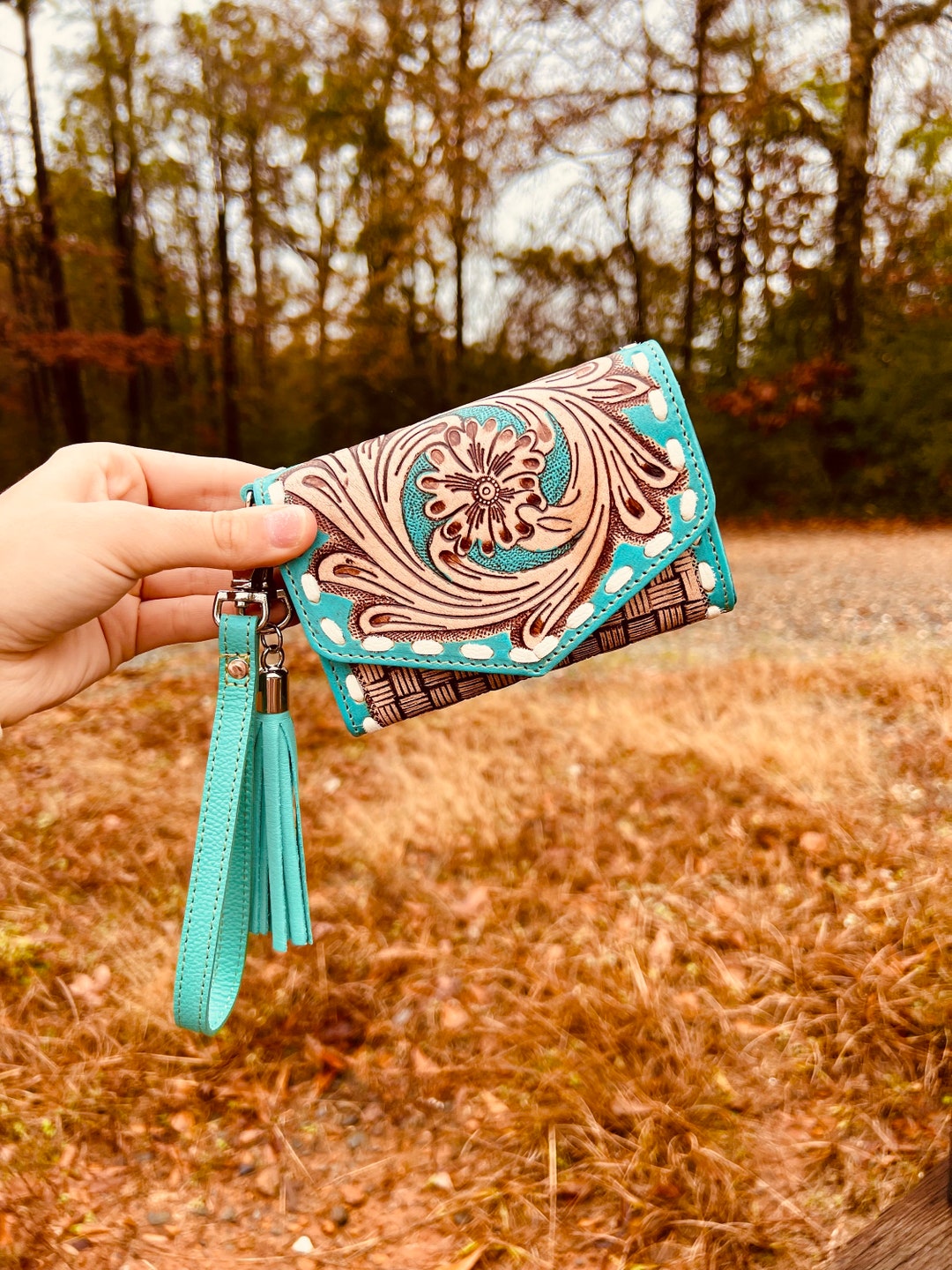 Turquoise Tooled Leather Wallet/wristlet - Etsy