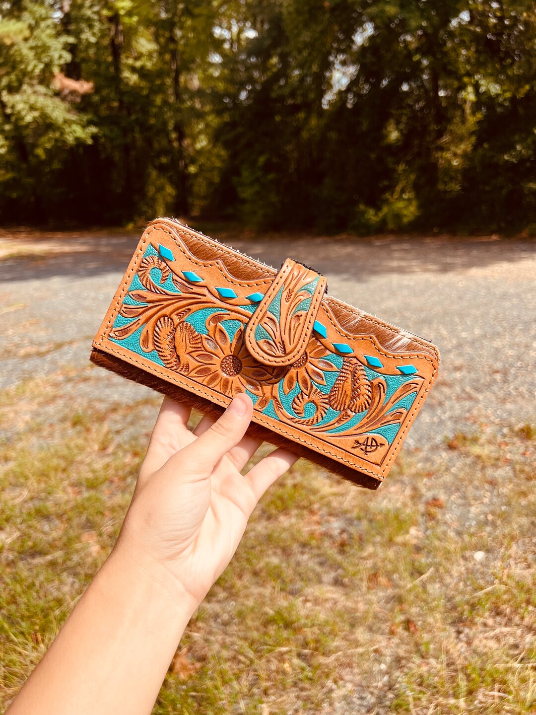 Turquoise Tooled Leather Cowhide Wallet - Etsy