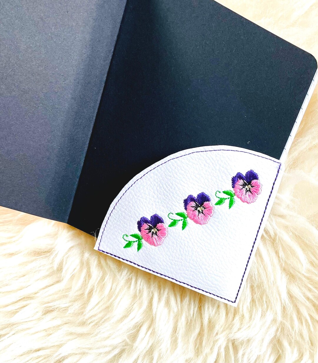 Embroidered Corner Bookmark, Pansy, White Faux Leather, Gift for Girls ...