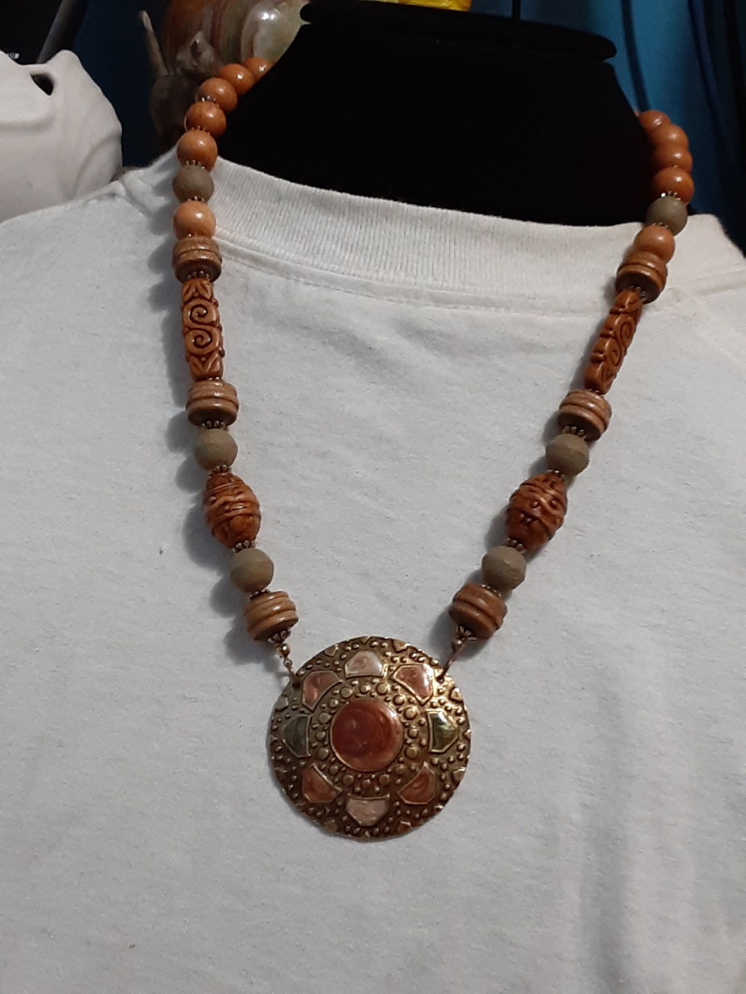 Vintage LR Signed Lady Remington Wood Bead Pendant Necklace 20" - Etsy