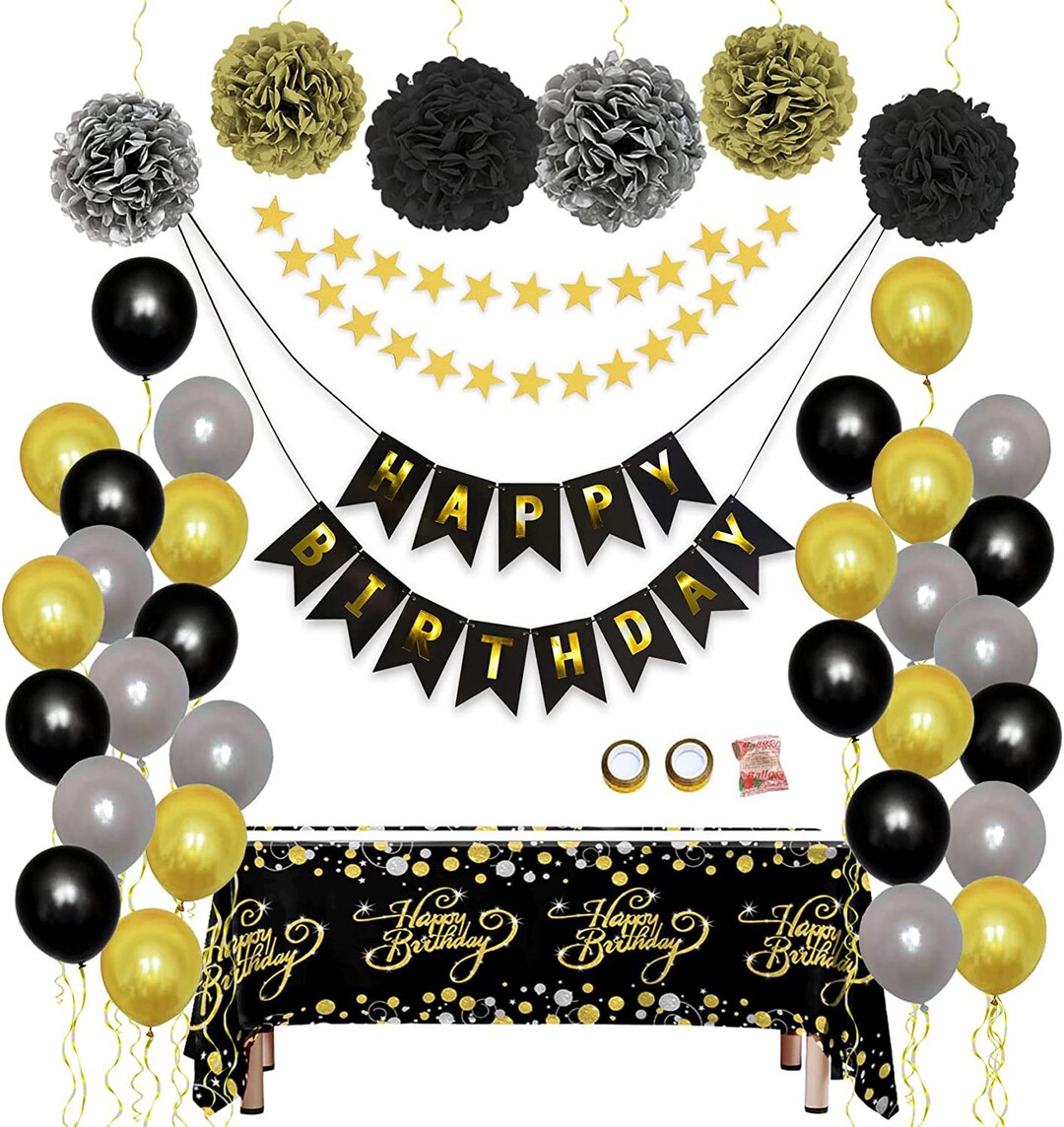 Birthday Decorations Black Gold Sets Party Supplies Packs for Women Men ...