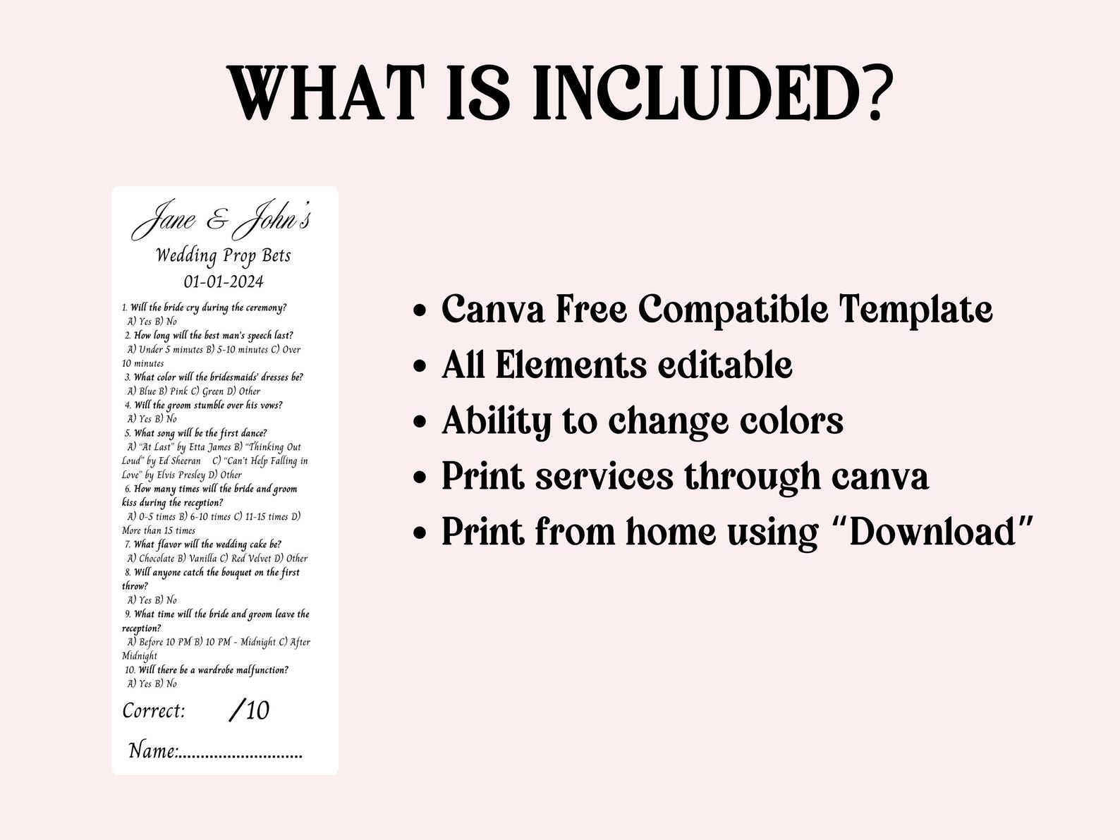 Wedding Prop Bets Template - Editable Canva Design for Fun and Unique ...