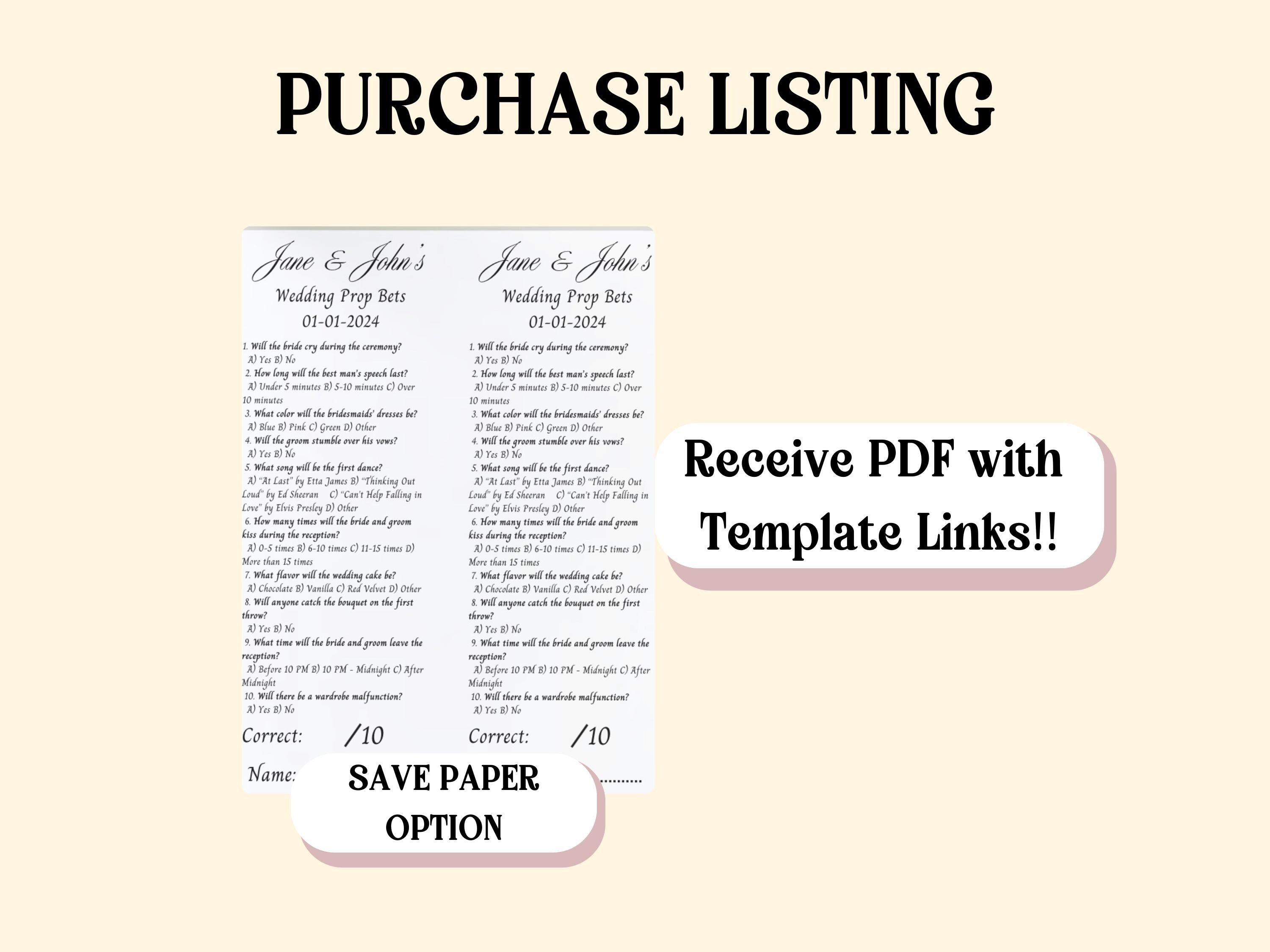 Wedding Prop Bets Template - Editable Canva Design for Fun and Unique ...