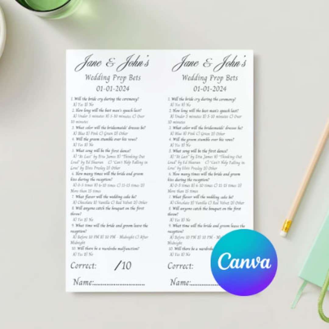 Wedding Prop Bets Template - Editable Canva Design for Fun and Unique ...