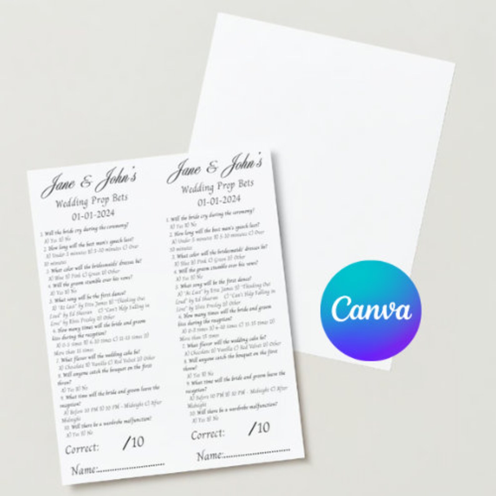 Wedding Prop Bets Template - Editable Canva Design for Fun and Unique ...